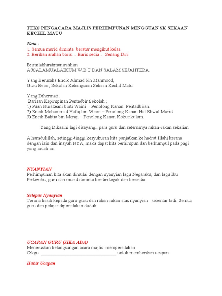 Teks Pengacara Majlis Perhimpunan Mingguan SK Sekaan Kechil Matu | PDF