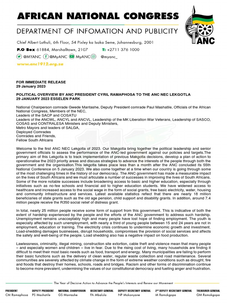 ANC 2023 Lekgotla: Resolutions Overview | PDF | Cost Of Living ...