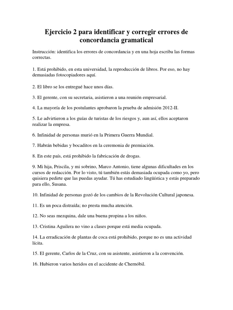 Ejercicio 2 para Identificar y Corregir Errores de Concordancia ...