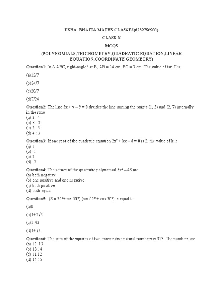Class-X MCQS | PDF | Equations | Quadratic Equation