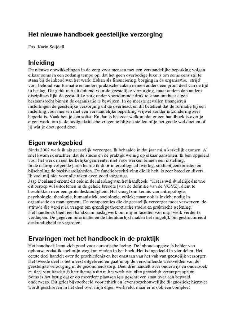 Het Nieuwe Handboek Geestelijke Verzorging. Inleiding. Eigen Werkgebied ...