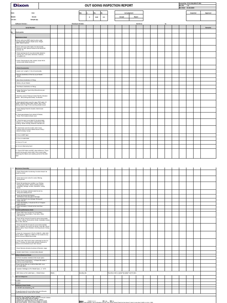 Oqc Check Sheet - 12 | PDF | Electrical Engineering | Manufactured Goods