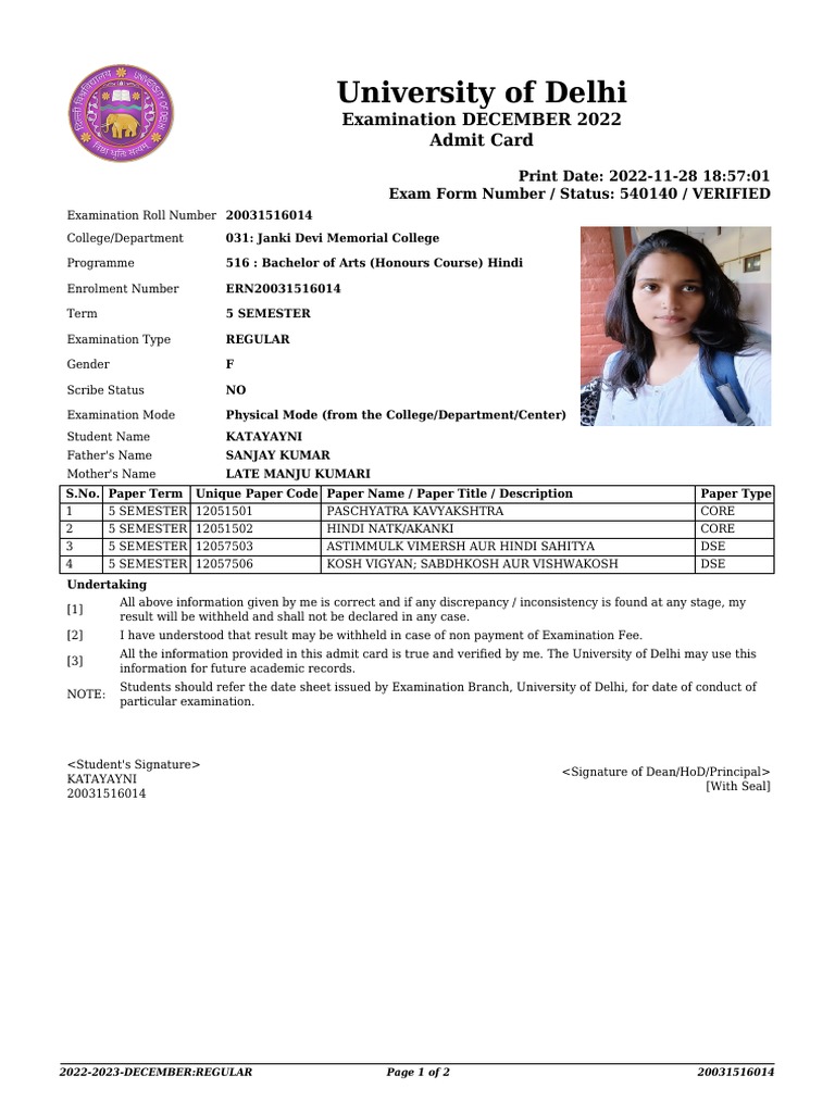 Admit Card 20031516014 | PDF | University And College Admission