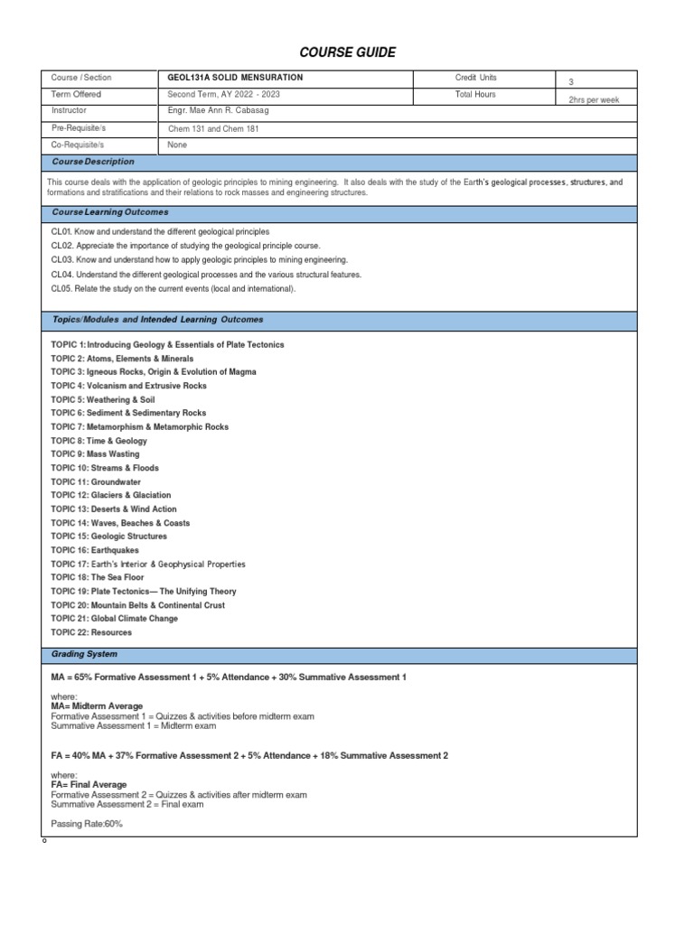 Geol131a Course Guide | PDF | Geology | Rock (Geology)