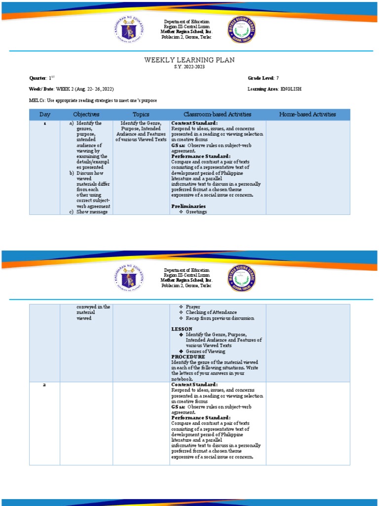 WLP - English 7 - Week 2 | PDF | Subject (Grammar) | Genre