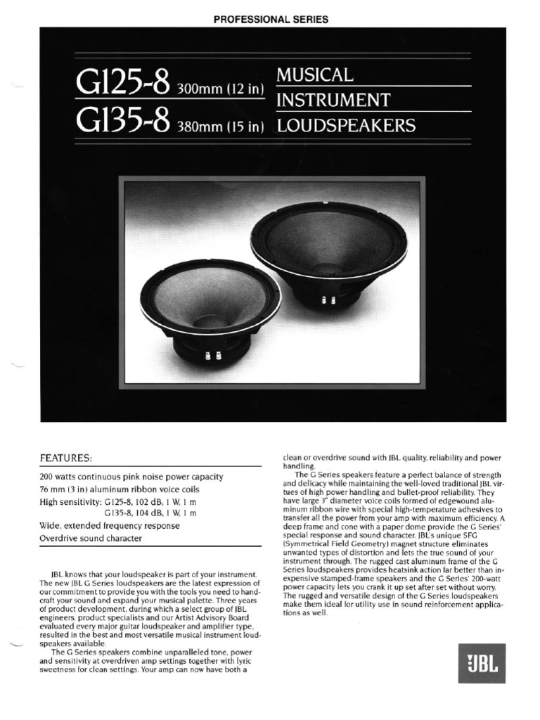 JBL G Series Professional Loudspeakers: Product Specifications and ...