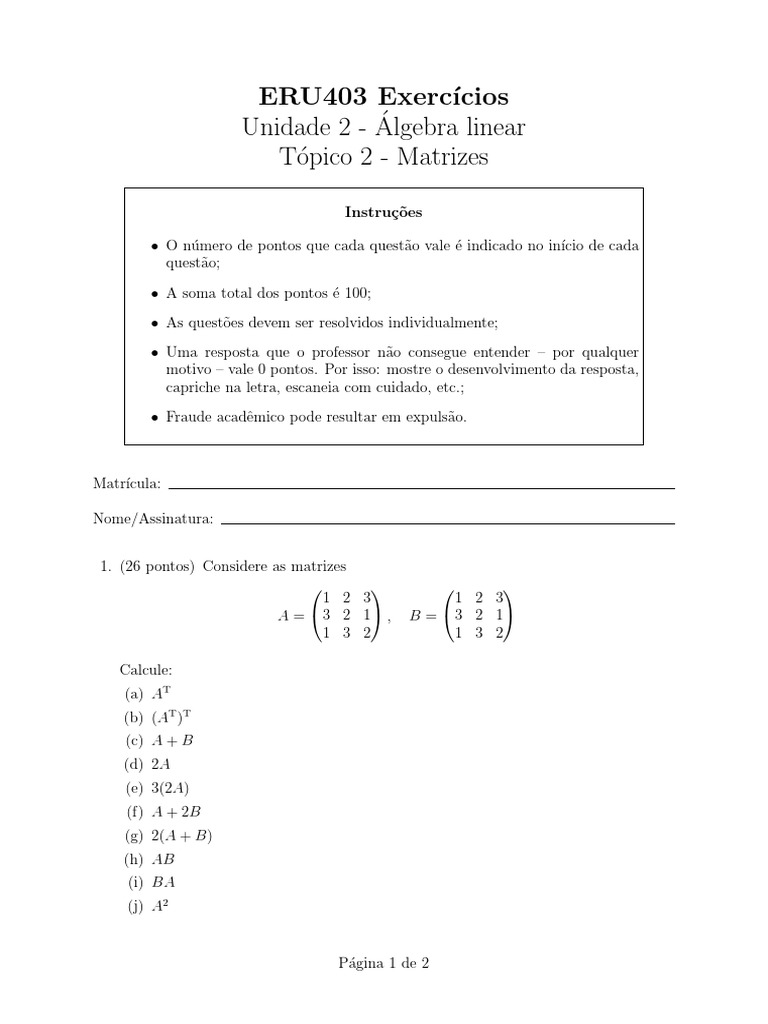 2 2 Matrizes Exercicios | PDF | Matriz (Matemática) | Determinante