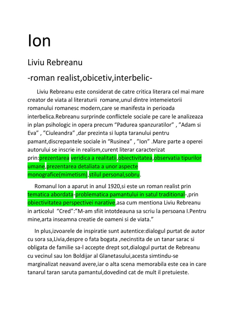 Liviu Rebreanu - Roman Realist, Obicetiv, Interbelic | PDF