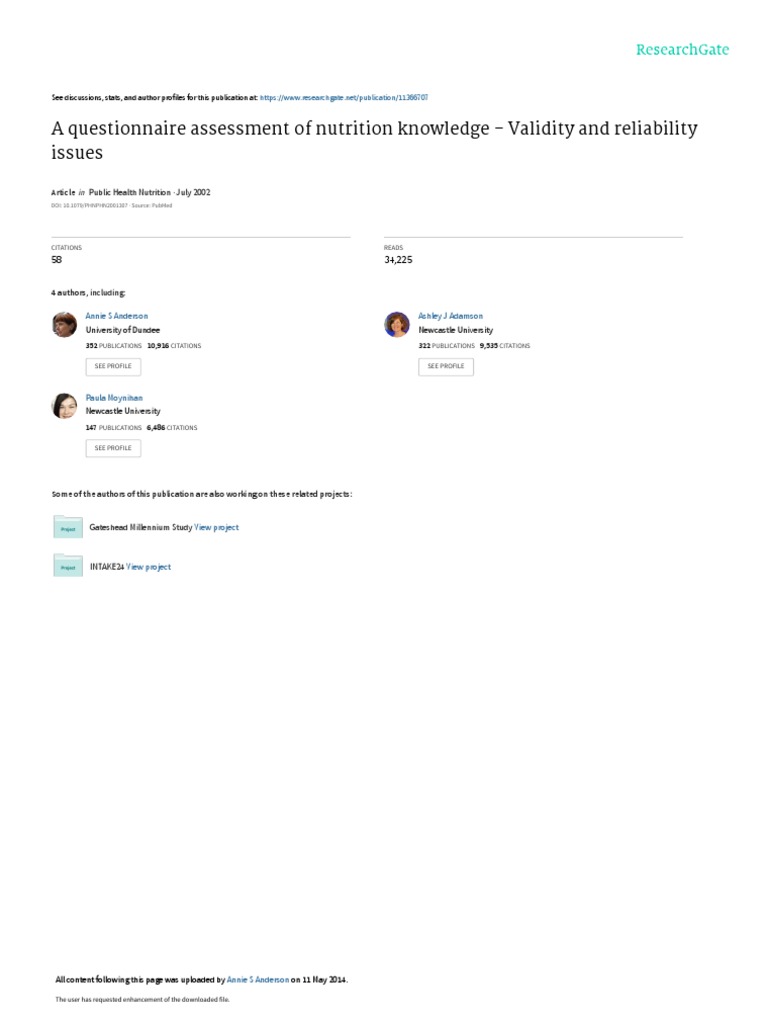 A Questionnaire Assessment of Nutrition Knowledge | PDF | Foods | Diet ...