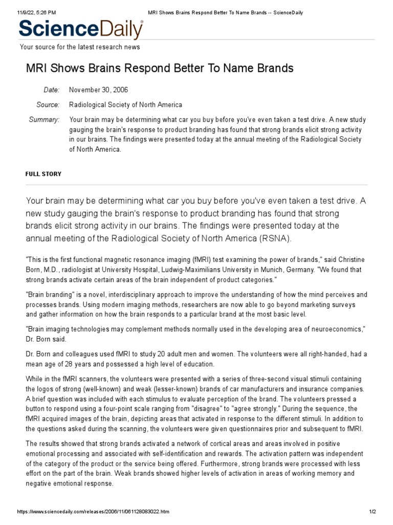 MRI Shows Brains Respond Better To Name Brands - ScienceDaily | PDF ...