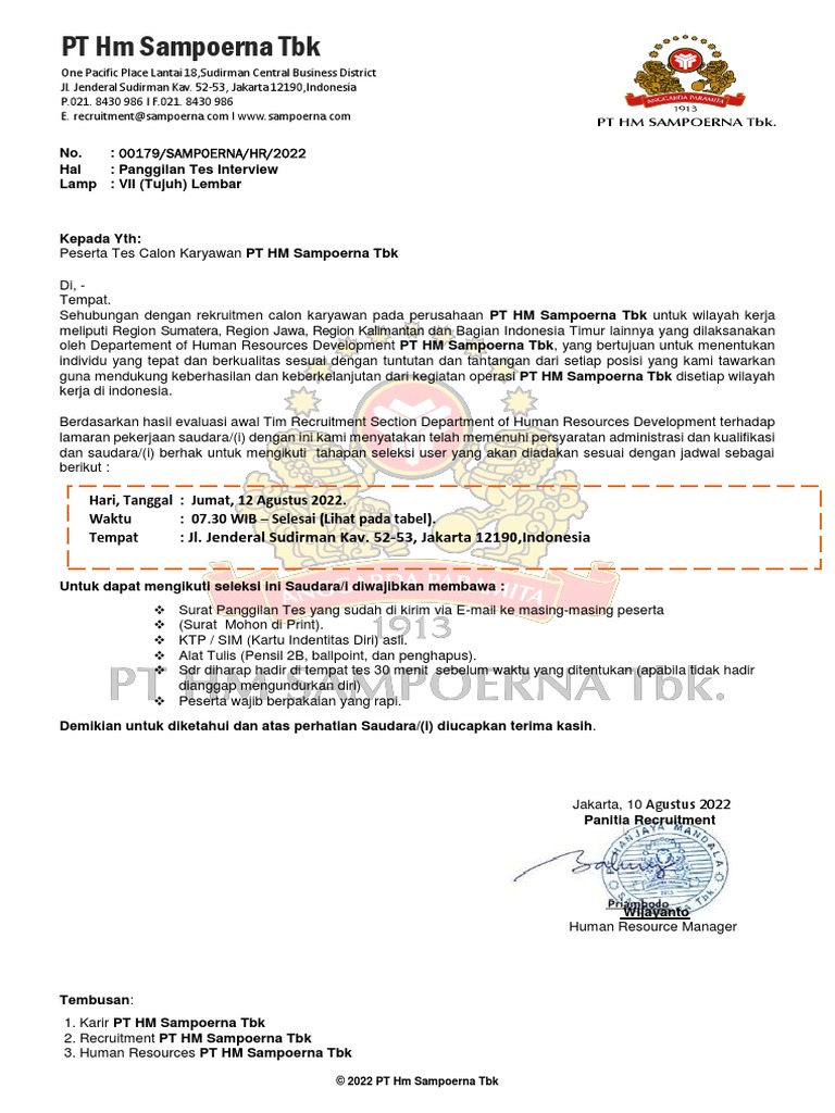 Lampiran Undangan Interview Calon Karyawan PT HM Sampoerna TBK | PDF