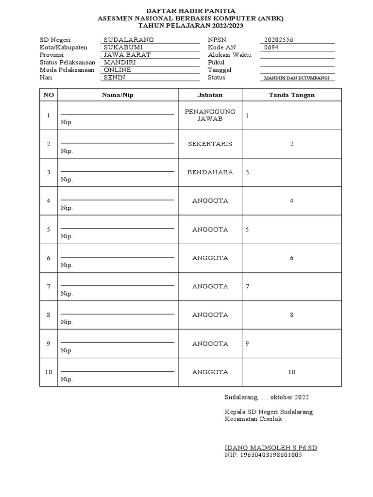 Daftar Hadir Pengawas ANBK Tahun 2021 | PDF