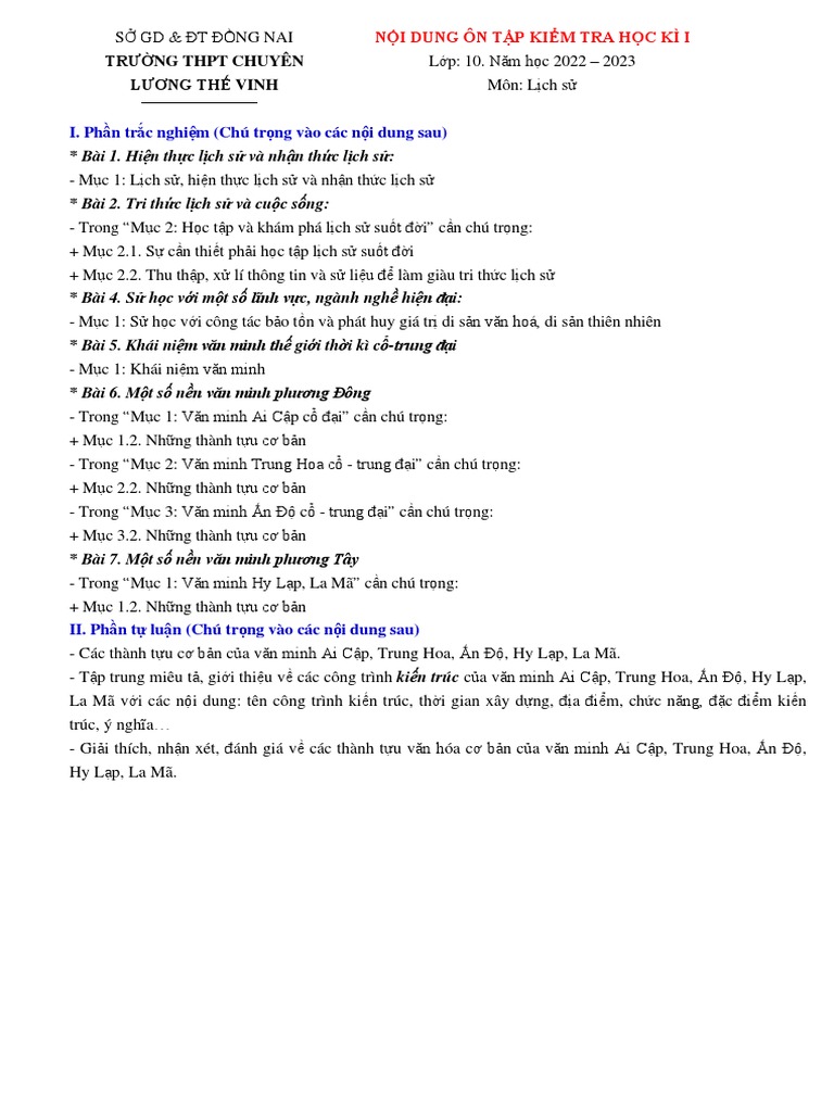 Noi Dung On Tap Lich Su 10 HK1 | PDF