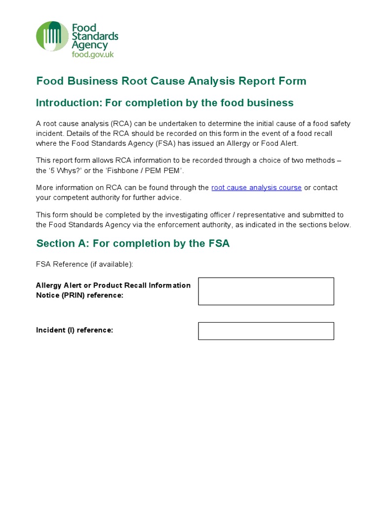 Rca Report Form - 0 | PDF | Food Safety | Foods