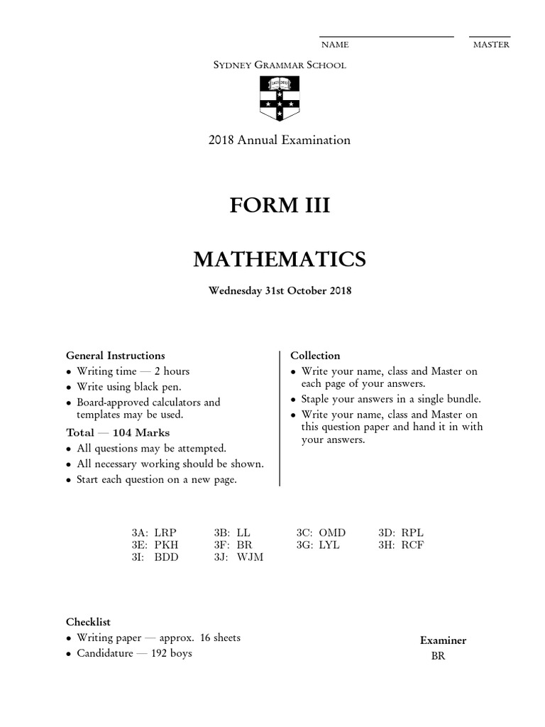 Sydney Grammar 2018 Year 9 Maths Yearly & Solutions | PDF | Circle ...