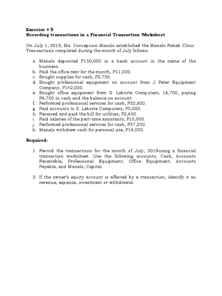 Exercise 5 On Recording Transactions in A Financial Worksheet | PDF