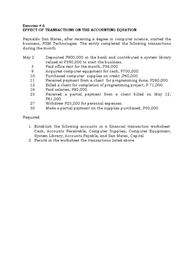 Exercise 6 Effect of Transaction On The Accounting Equation | PDF