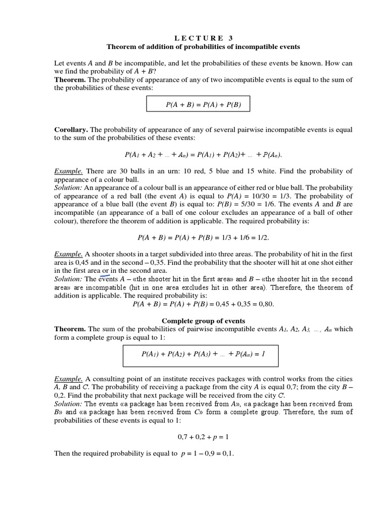 Probability Theorems for Incompatible and Complete Events | PDF ...