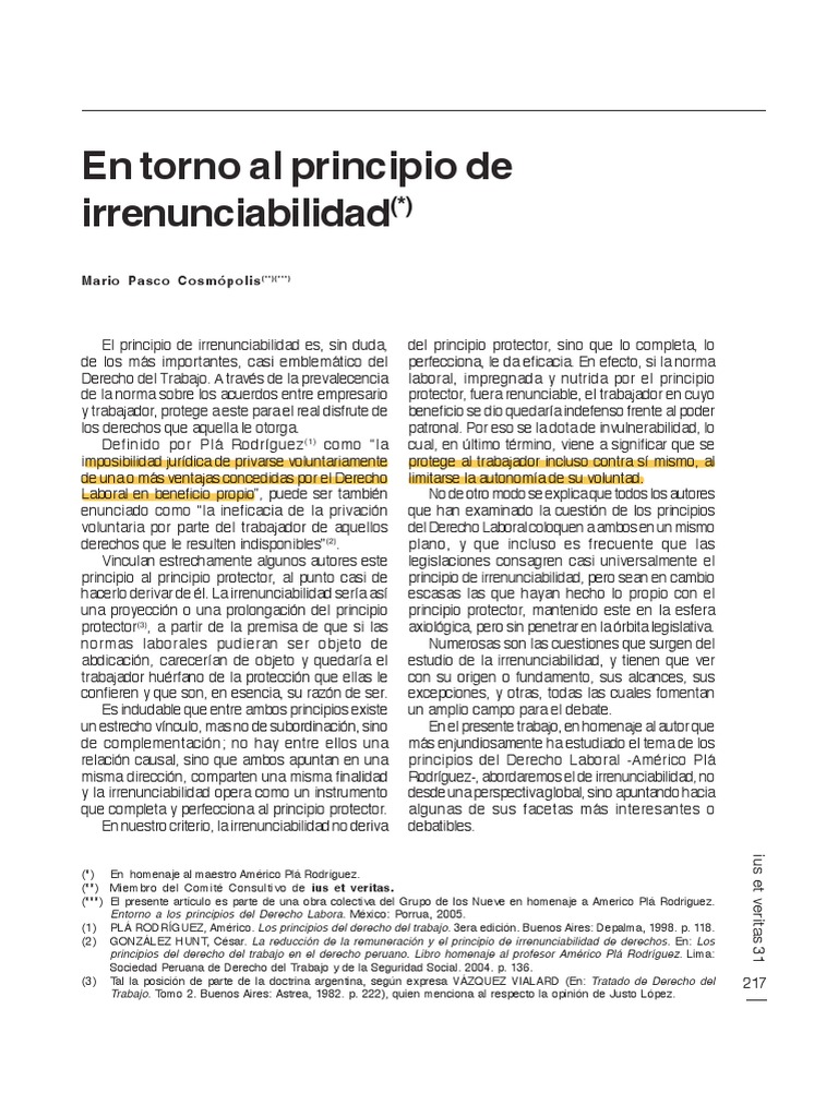 Pasco - en Torno Al Principio de Irrenunciabilidad | PDF | Derecho ...