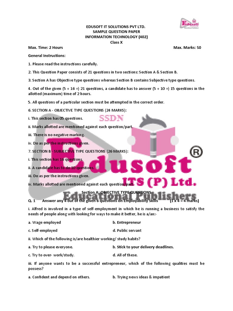 Class X IT - 402 Sample Paper | Download Free PDF | Sql | Computing