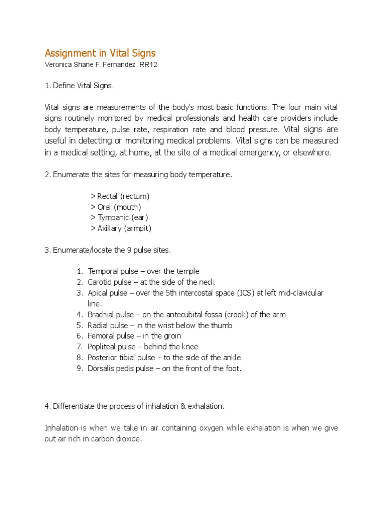 Vital Signs Assignment Overview | PDF | Pulse | Physiology