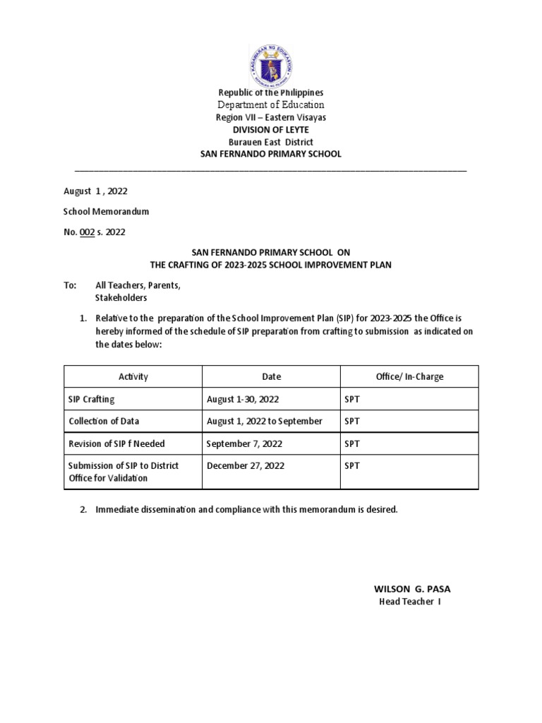 SIP Preparation Schedule 2023-2025 | PDF