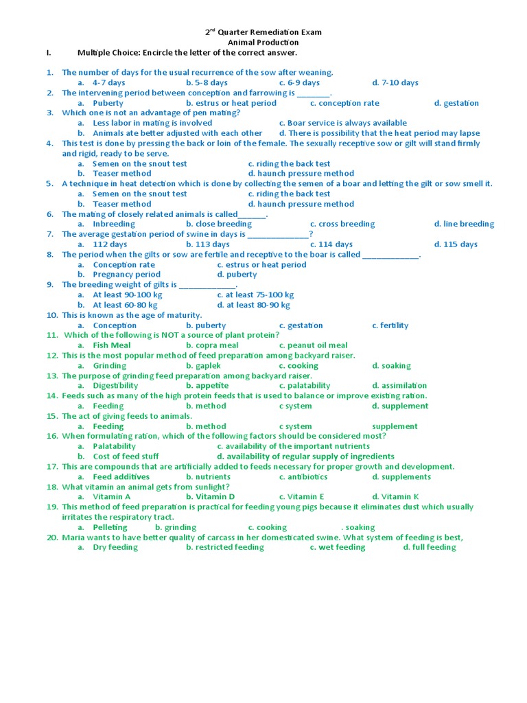 2nd Quarter Remediation Exam Animalproduction | PDF | Dietary ...