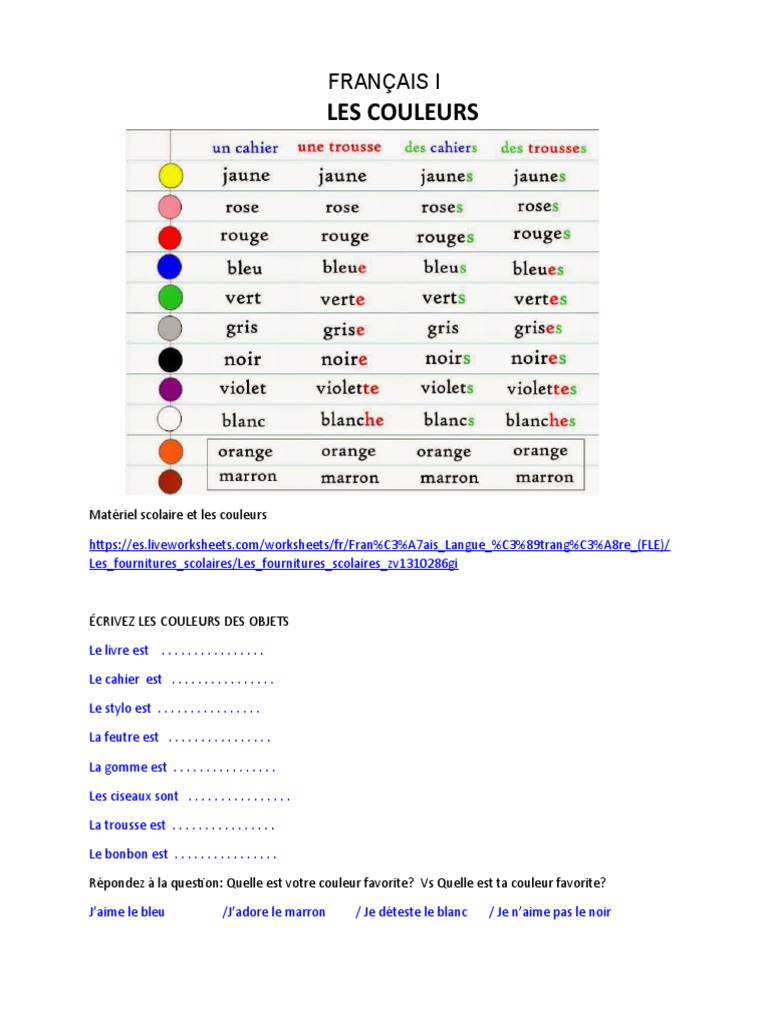 Couleurs et objets de classe en français | PDF