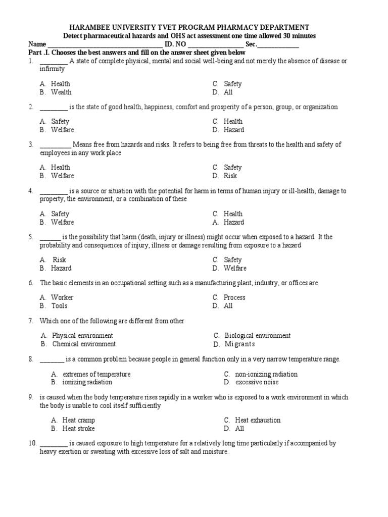 Detect Pharmaceutical Hazards and OHS Act HARAMBEE UNIVERSITY TVET PROGRAM PHARMACY DEPARTMENT ...