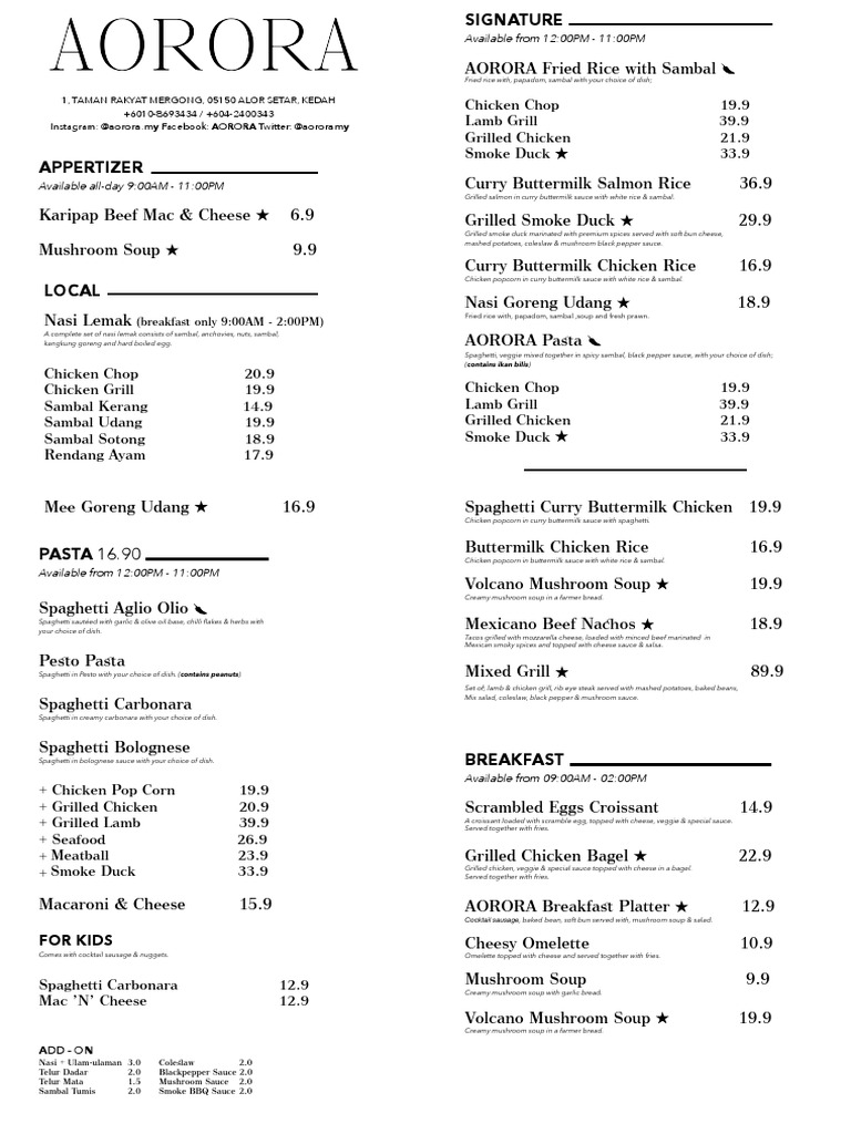 Menu AORORA | PDF | Foods | Cuisine