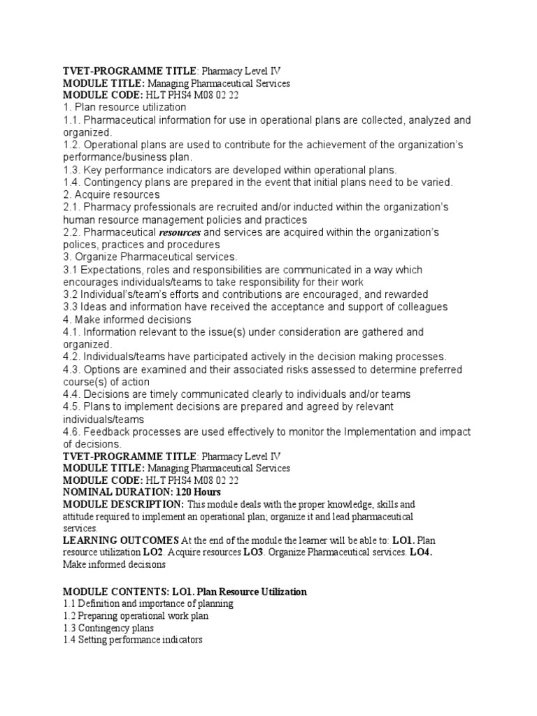 Manage Pharmaceutical Services Curriculum | PDF | Pharmacy | Employee ...