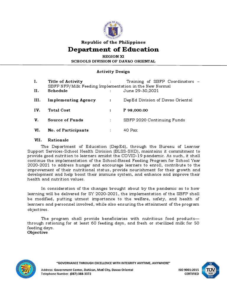 Activity Design SBFP Training | PDF | Lunch | Salad