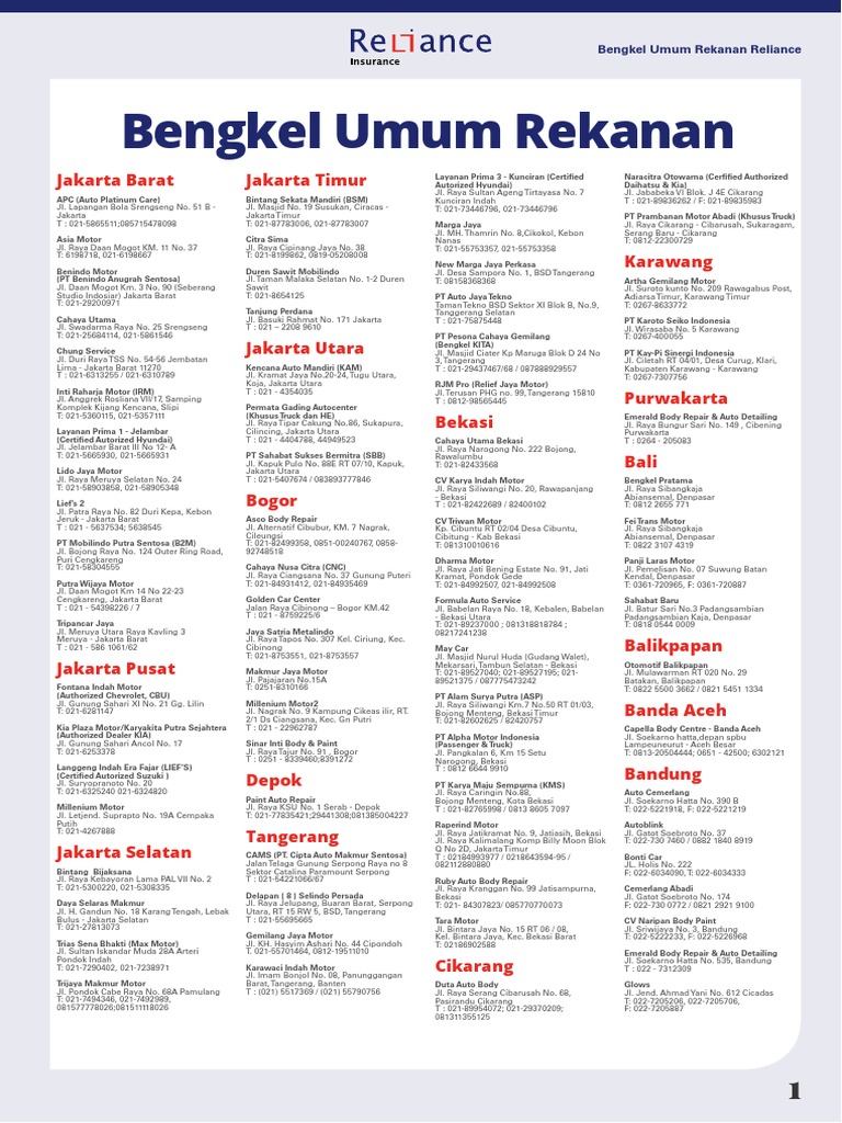 Daftar Bengkel Rekanan Reliance | PDF