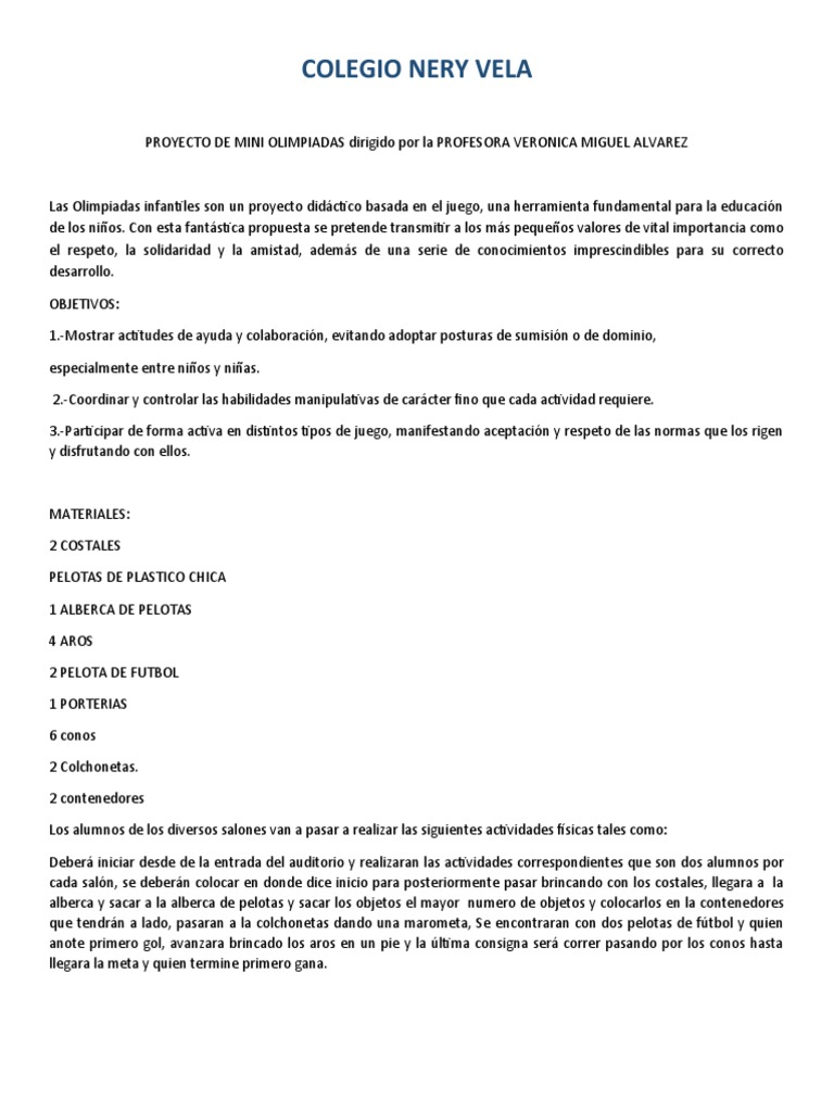 Mini Olimpiadas en el Colegio Nery Vela | PDF