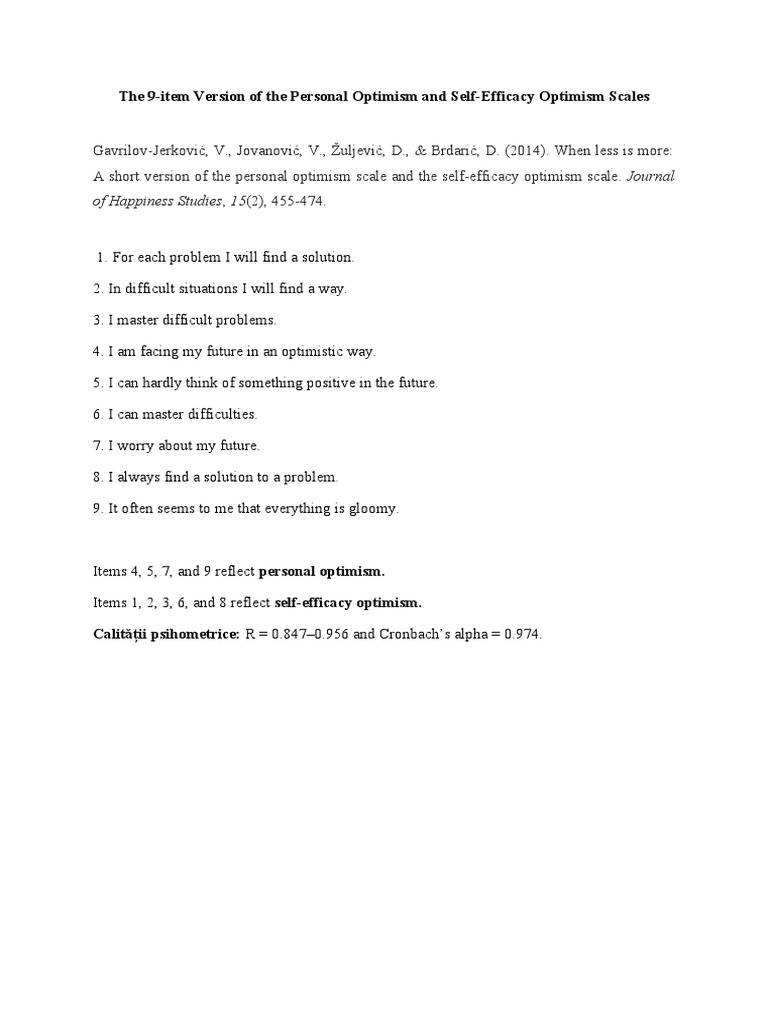 Personal Optimism and Self-Efficacy Optimism Scales | PDF | Self ...