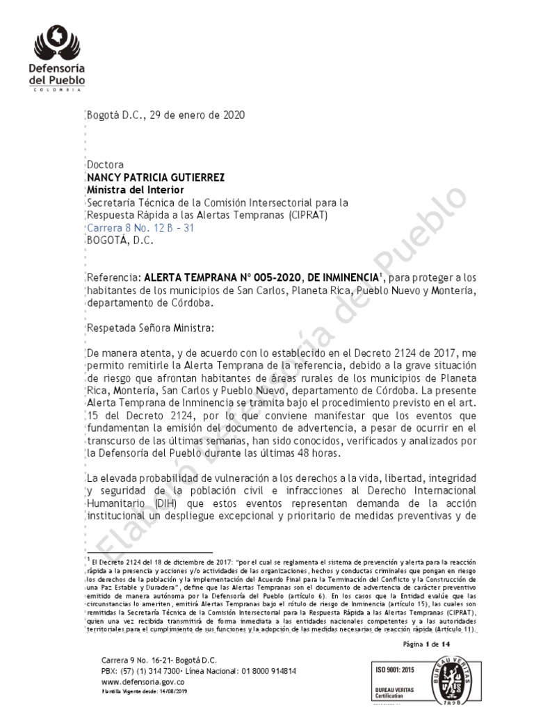 Alerta Temprana #005-2020, de Inminencia | PDF | Gobierno | Colombia