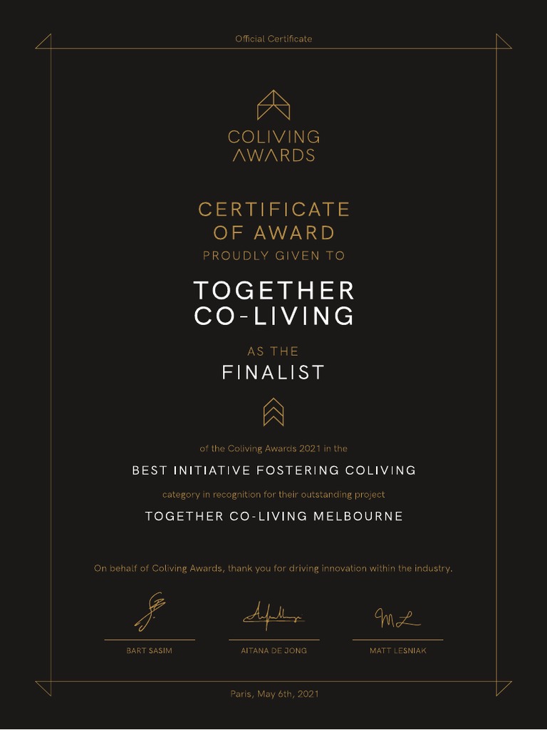 Coliving Awards 2021 Finalist Certificate TOGETHER CO LIVING Best Initiative Fostering Coliving ...