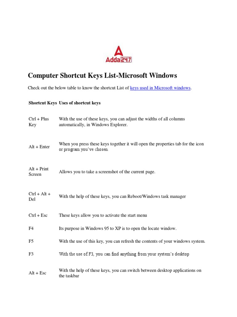 Computer Shortcut Keys List | Download Free PDF | Keyboard Shortcut ...