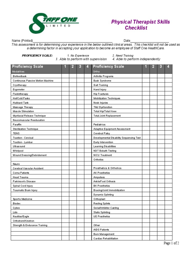 Physical Therapist Skills Assessment Checklist | PDF | Physical Therapy ...