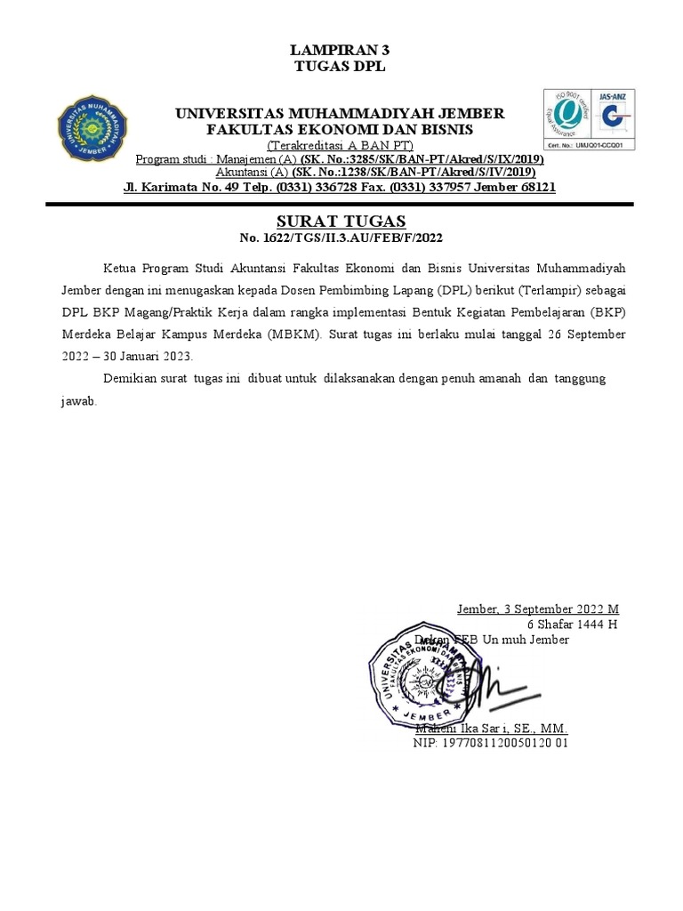 Surat Tugas DPL BKP Magang Ganjil 2022-2023 FIX | PDF