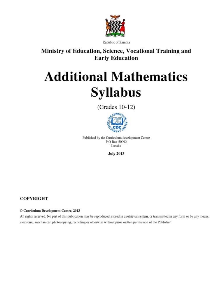 Grades 10-12 Additional Mathematics Syllabus - ZEPH January 2014 | PDF ...