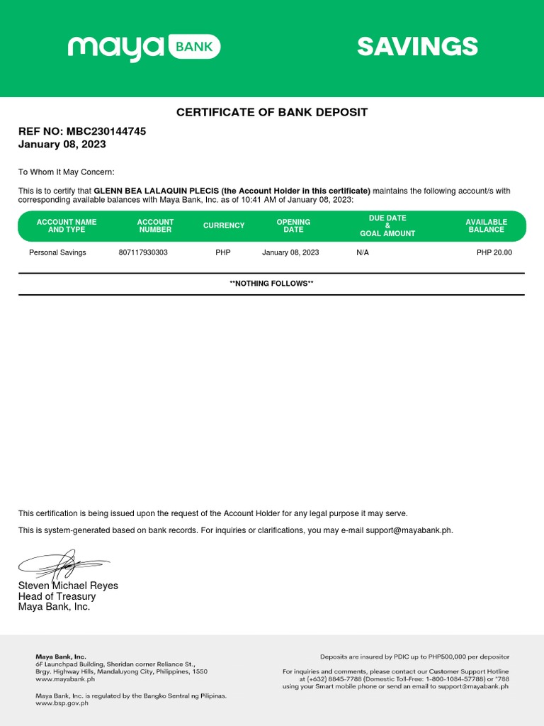 Maya Bank Certificate of Deposit | PDF