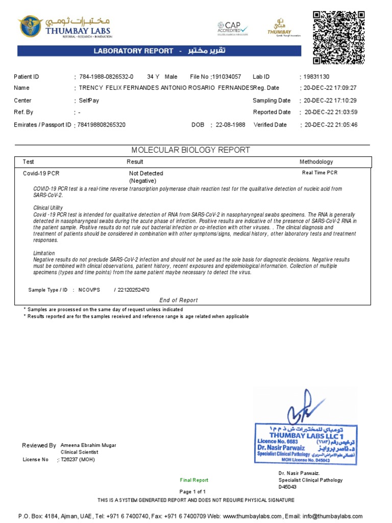 COVID-19 PCR Test Report | PDF | Polymerase Chain Reaction | Immunology