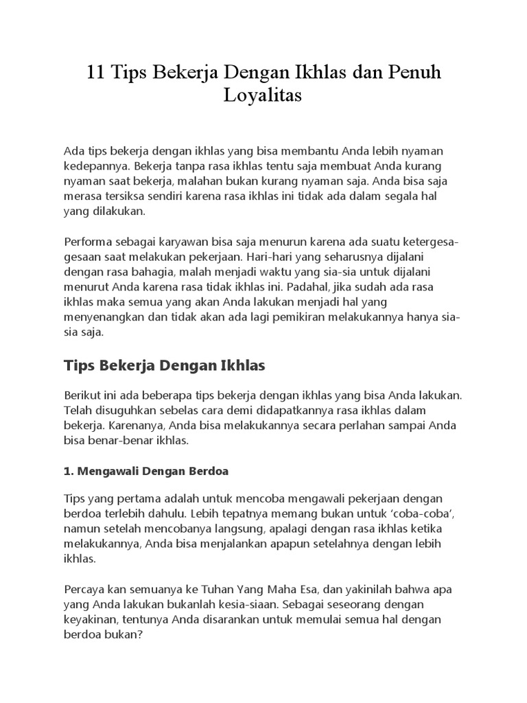 11 Tips Bekerja Dengan Ikhlas Dan Penuh Loyalitas | PDF