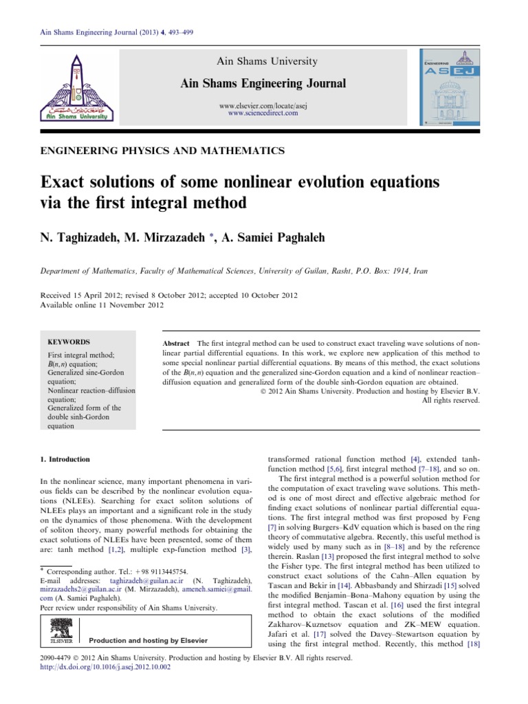Exact Solutions of Some Nonlinear Evolution Equation 2013 Ain Shams ... Exact Solutions of Some Nonlinear Evolution Equation 2013 Ain Shams ...