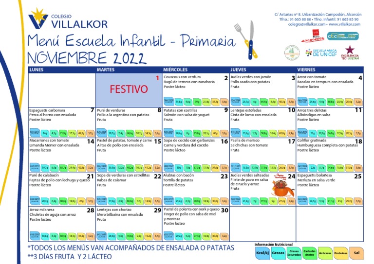 Menú Infantil y Primaria Noviembre 2022 | PDF