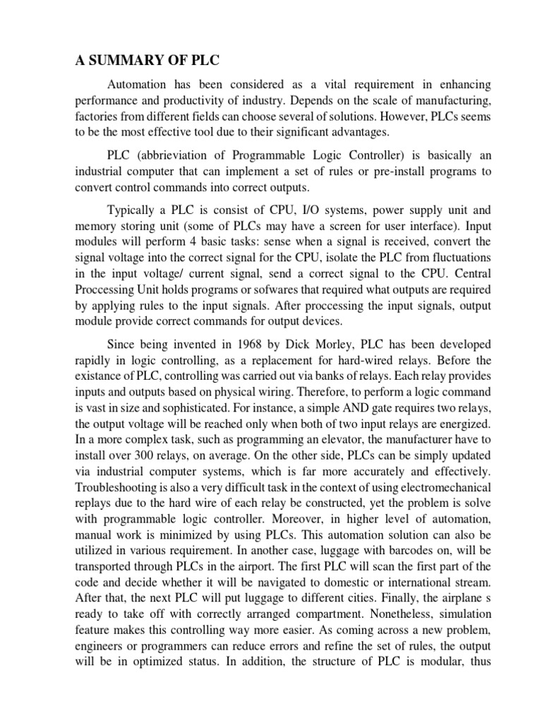 A Summary of PLC | PDF | Programmable Logic Controller | Input/Output