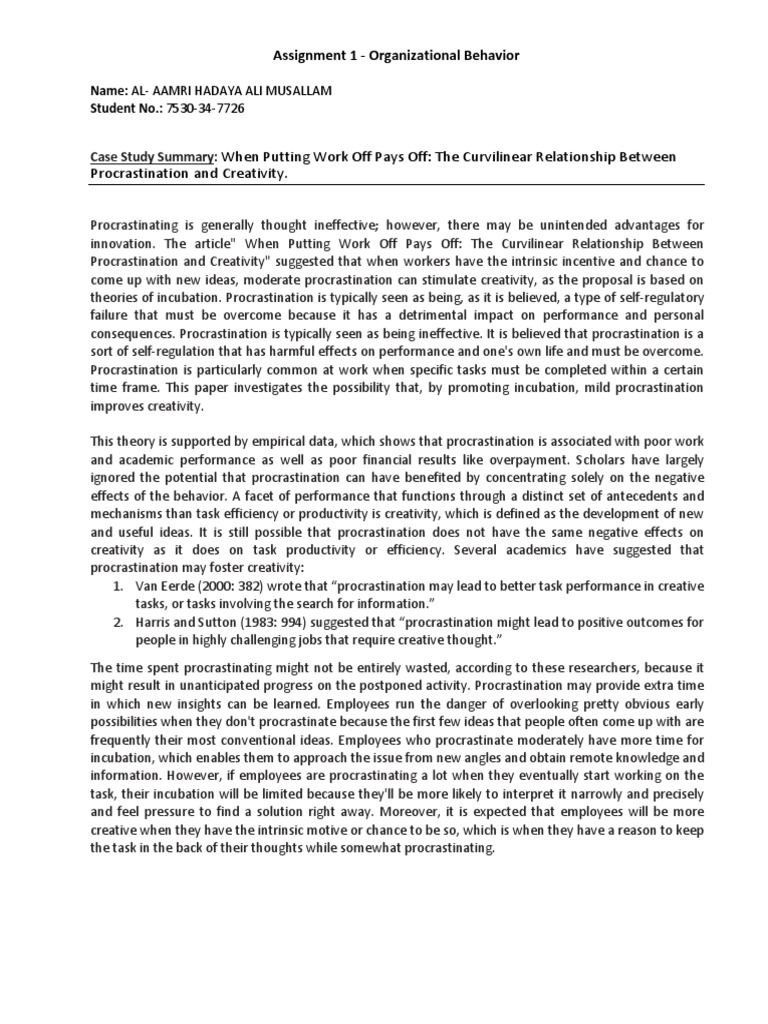 The Curvilinear Relationship Between Procrastination and Creativity: How Moderate ...