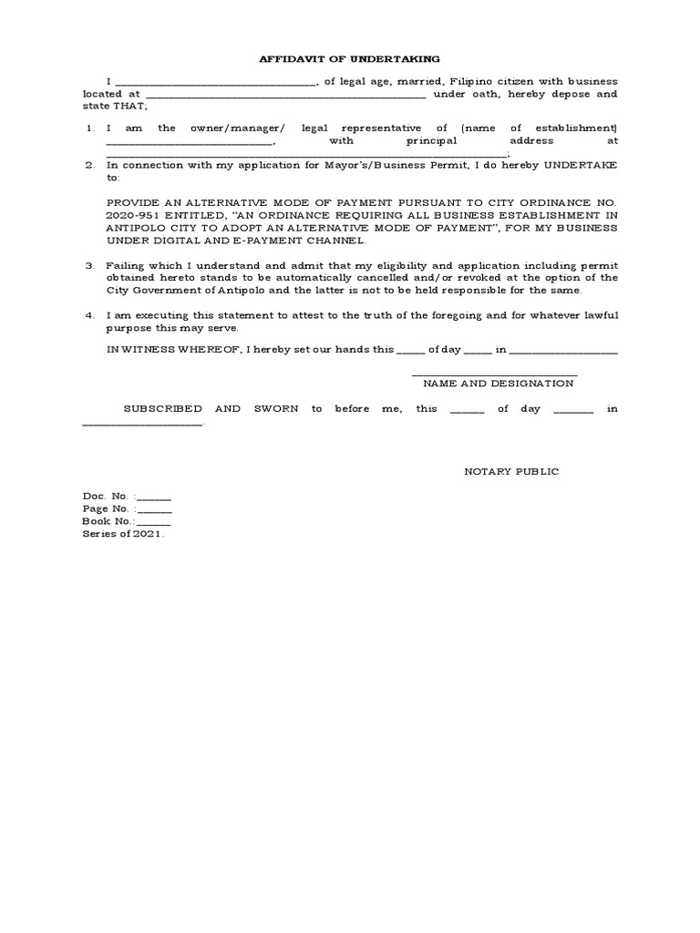 Affidavit of Undertaking - Cashless Payment For 2021 Renewal | PDF