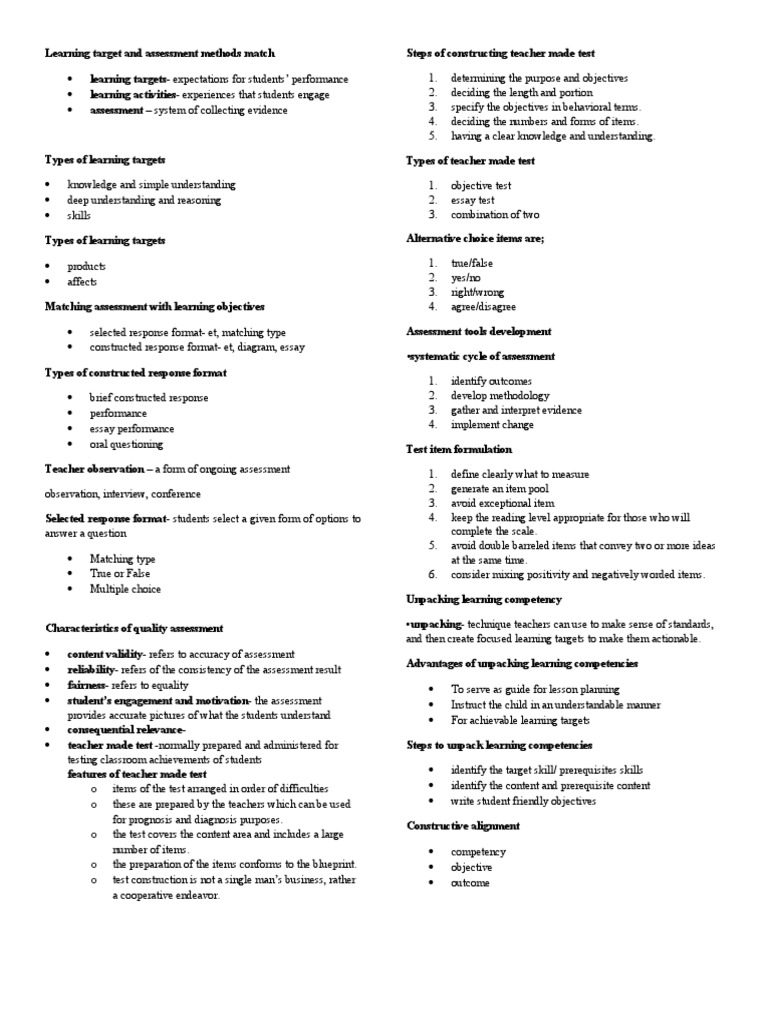 Matching Learning Targets and Assessment Methods | PDF | Educational ...